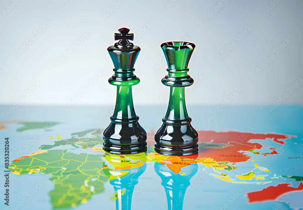 Geopolitics concept image with two chess pieces on a world map ...