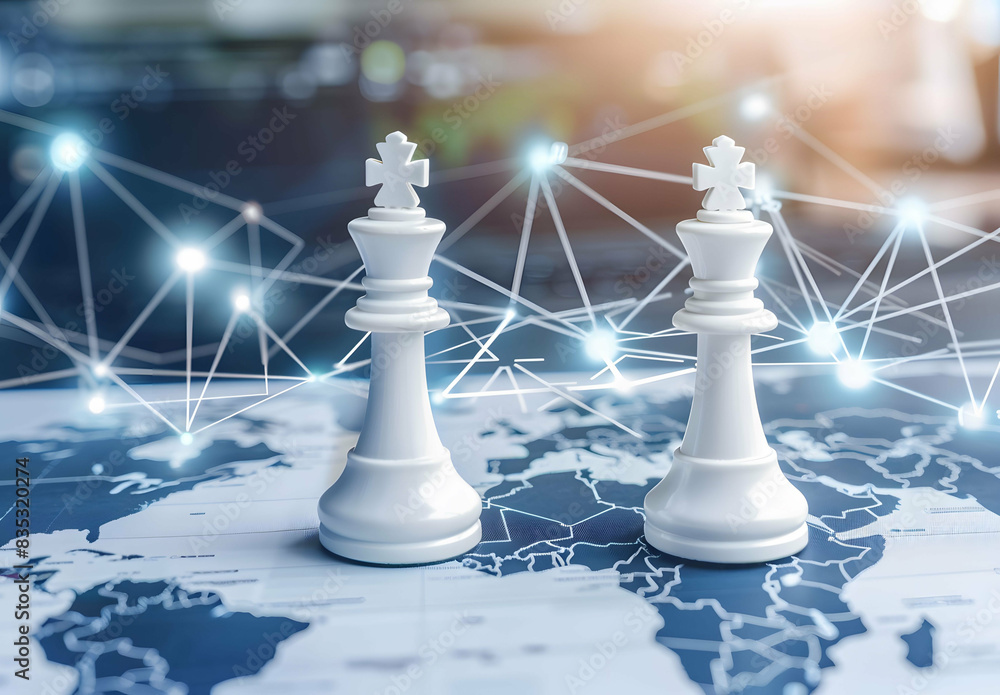 Geopolitics concept image with two chess pieces on a world map ...