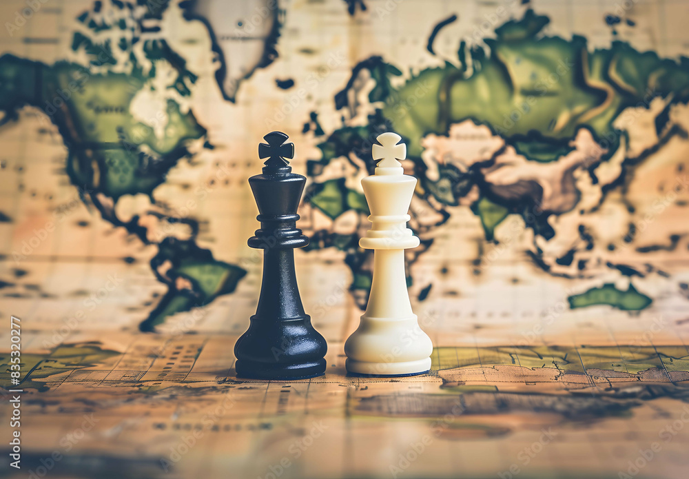 Geopolitics concept image with two chess pieces on a world map ... Geopolitics concept image with two chess pieces on a world map ...