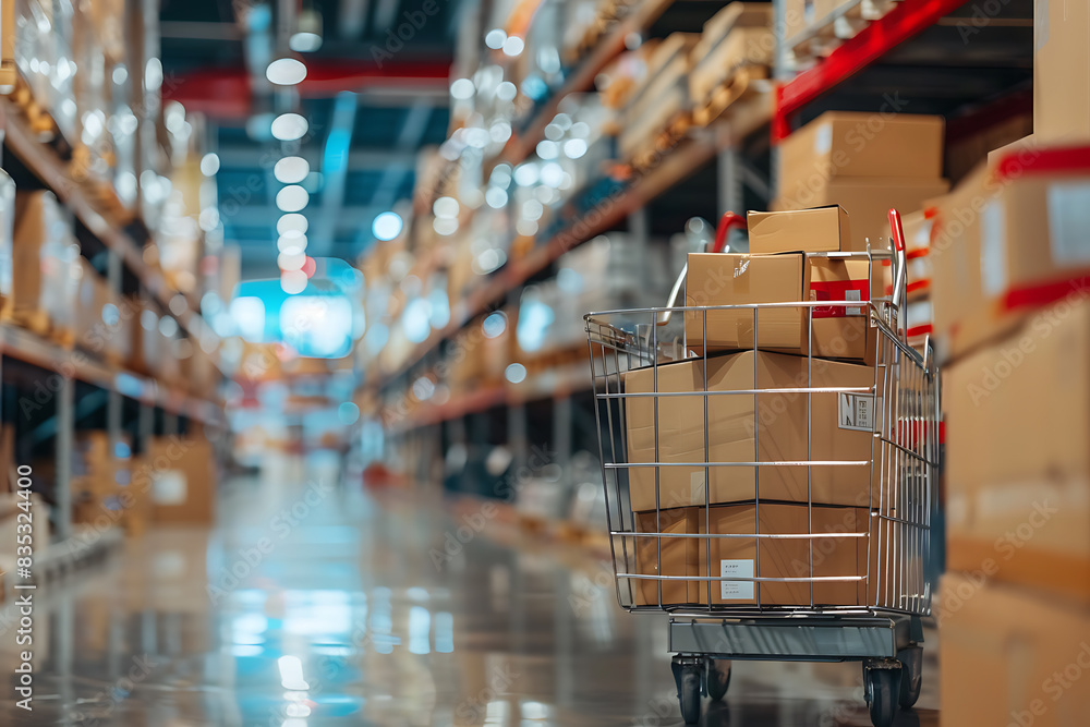 Retail warehouse with packaging boxes on trolly. Product distribution ...