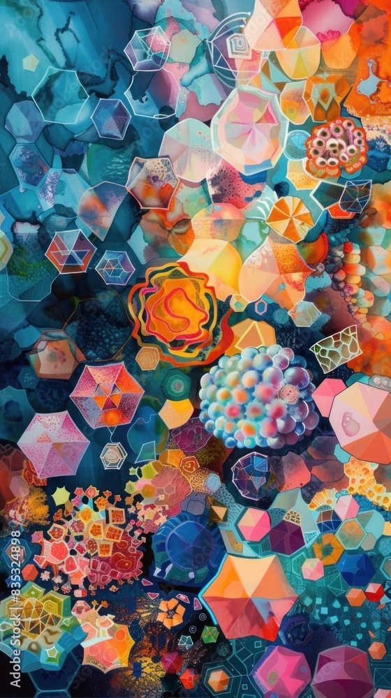 Hexagonal motifs emerge from a sea of fluid, abstract shapes on a ...