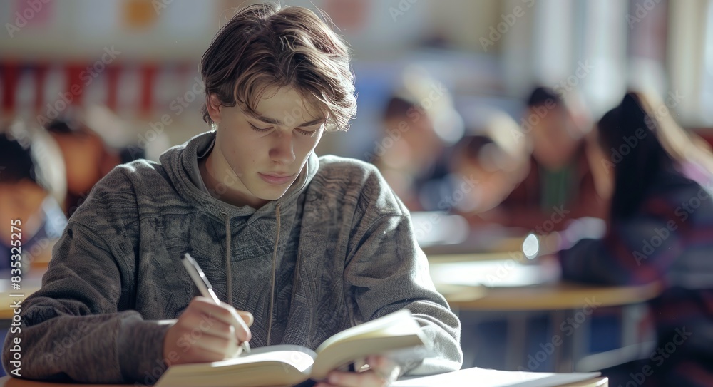 high school or university student holding pencil writing on paper ...
