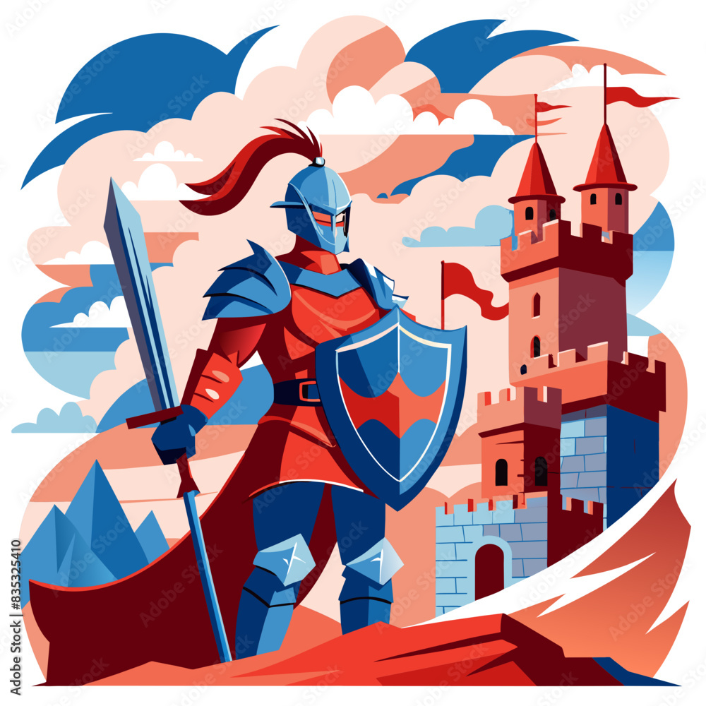 medieval knight in full armor, holding a large shield and sword. The ...