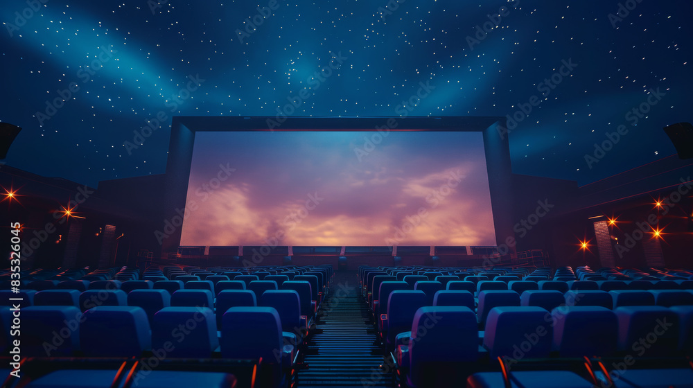 classic Hollywood-style outdoor movie screen under the stars, with a ...