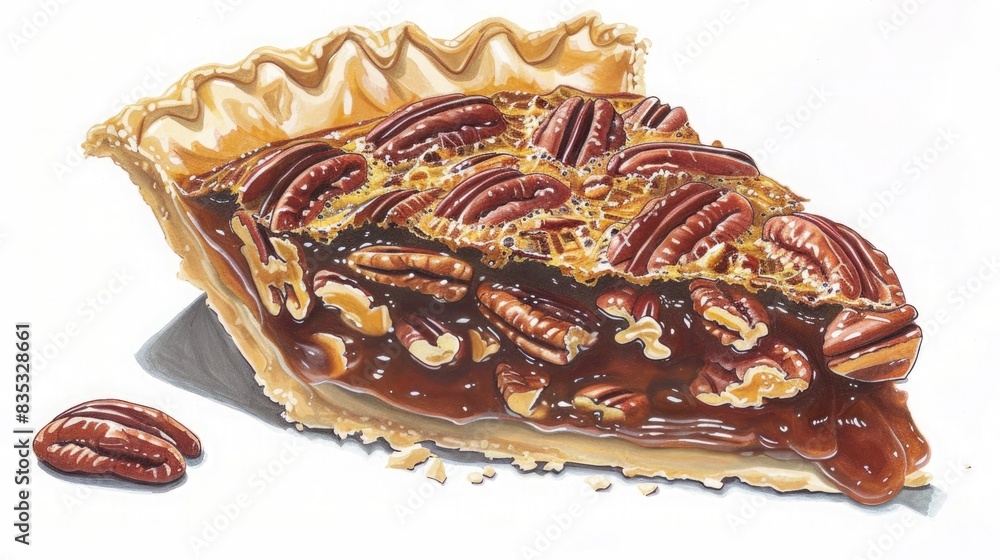 Exquisitely sketched line art of a slice of classic pecan , with a rich ...