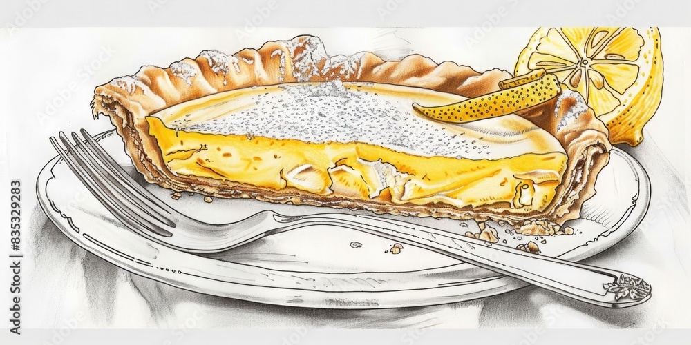Exquisitely sketched line art of a slice of tangy lemon tart, with a ...