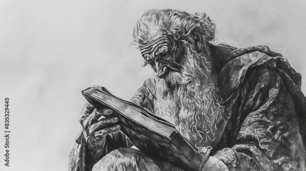 Prophet Moses, bible, Charcoal pencil drawing, white grey background ...