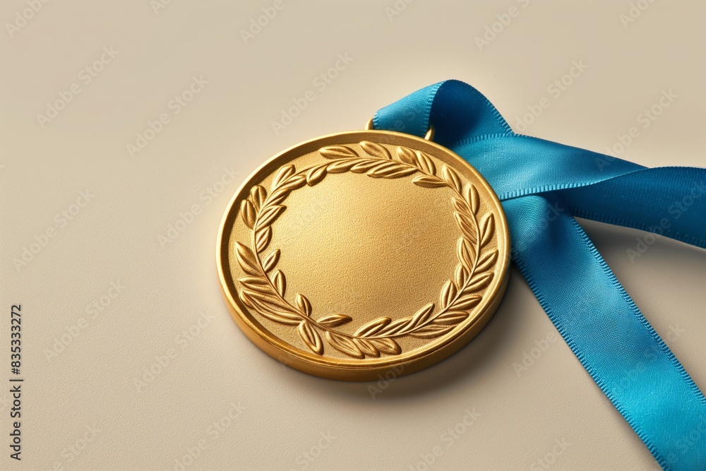 Striking gold medal with a detailed laurel wreath design and a ...
