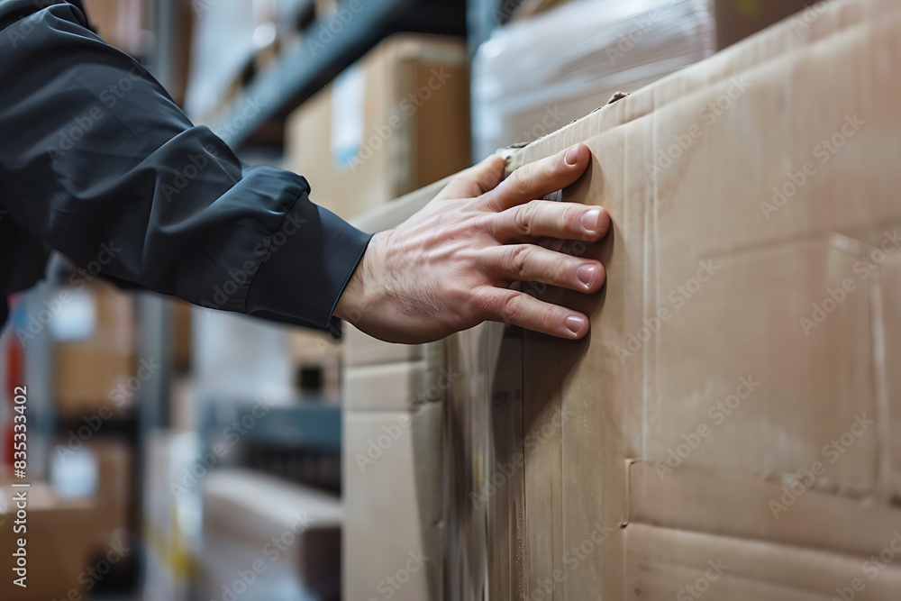 warehouse worker touching the cardboard box and preparing for shipment ...