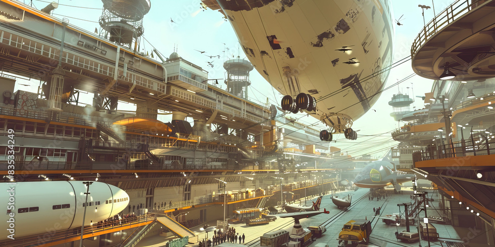 Skyport Terminal: A bustling terminal for airships and flying vehicles ...