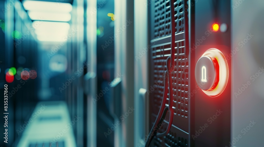 Close-up of an emergency power off button in a server room, safety and ...