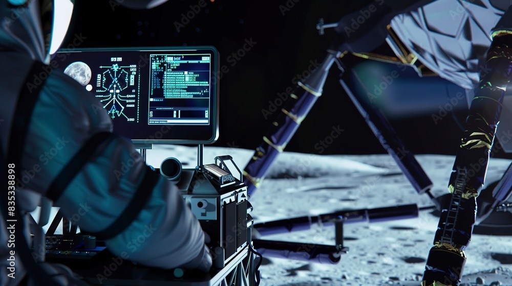 Engineer remotely programming a lunar lander from Earth, close-up of ...