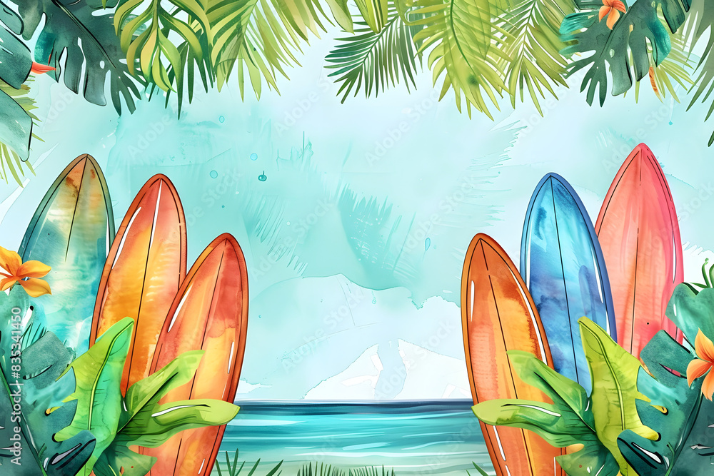 Cute cartoon summer with surfboard frame border on background in ...