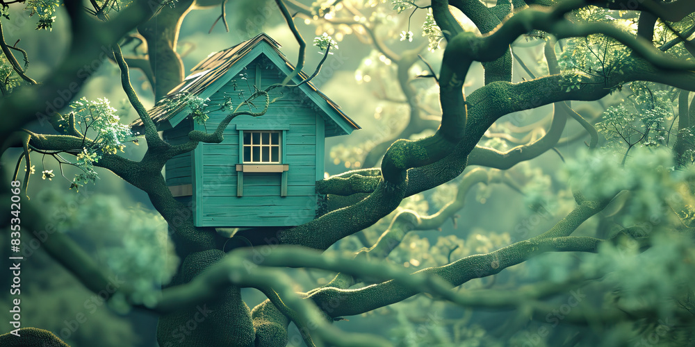 Forest Green Tree House: A cozy tree house nestled in the branches of a ...