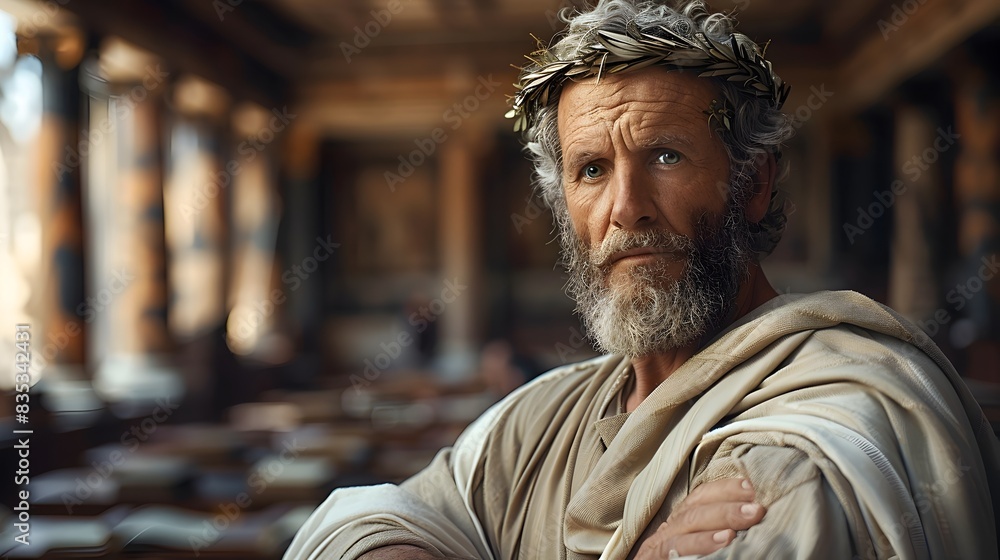Greek Philosopher in Flowing Robes Crossing Arms in Socratic Classroom ...