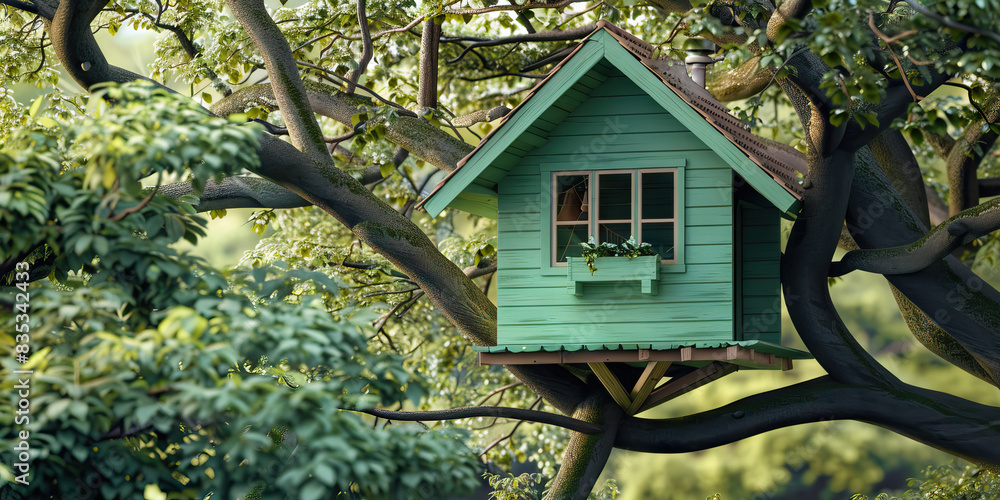 Forest Green Tree House: A cozy tree house nestled in the branches of a ...