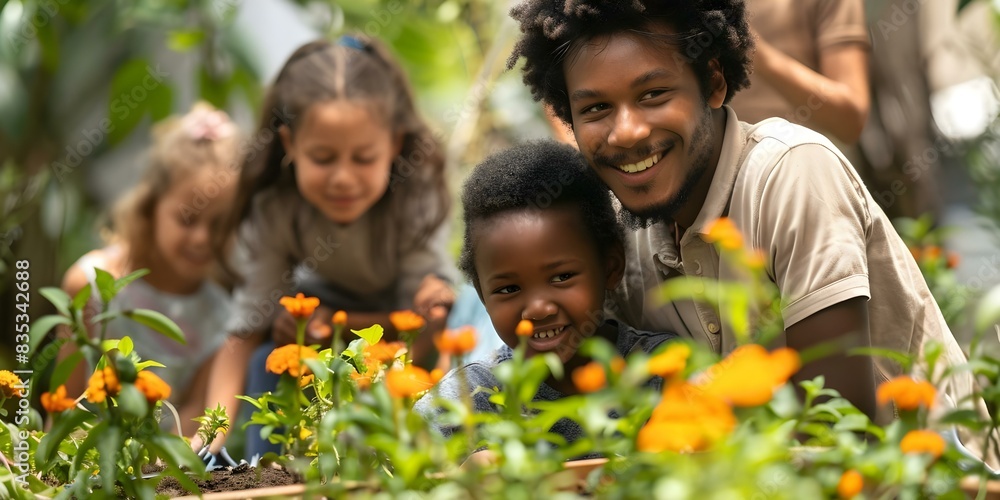 School teacher and children of diverse backgrounds gardening in school garden. Concept School ...