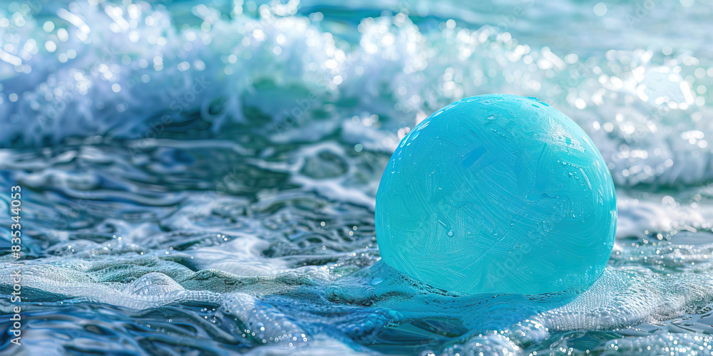 Aqua Blue Beach Ball: A beach ball bobbing in the waves, its surface ...