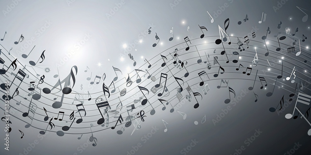 ภาพประกอบสต็อก Abstract grey background with scattered musical notes ...