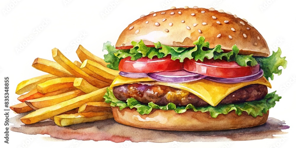 Burger and fries watercolor on background, fast food, burger, fries ...