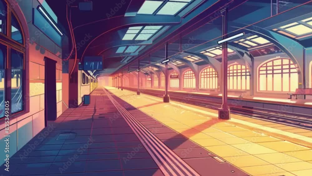 retro train station, loop video background animation, cartoon anime ...