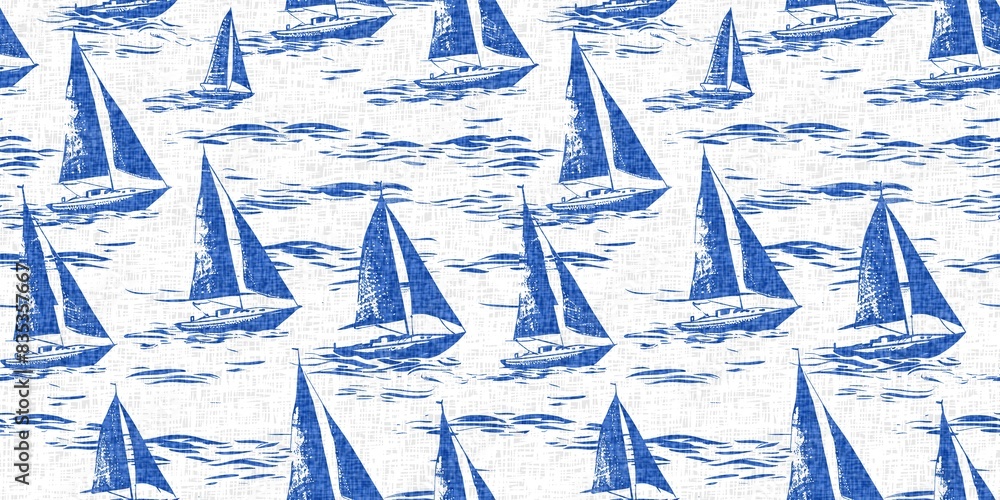 Coastal sail boat in azure ocean blue seamless border background ...