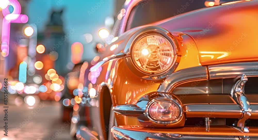 1950s cars with chrome details shining under neon street lights ...