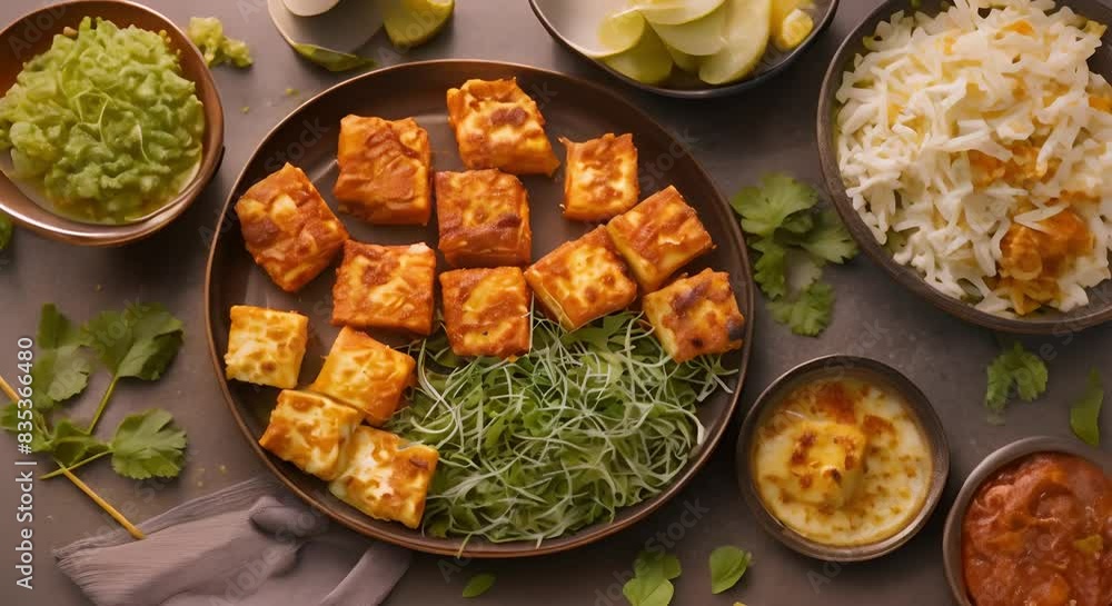 Overhead view of Shahi paneer Butter Paneer and cumin rice. Concept ...