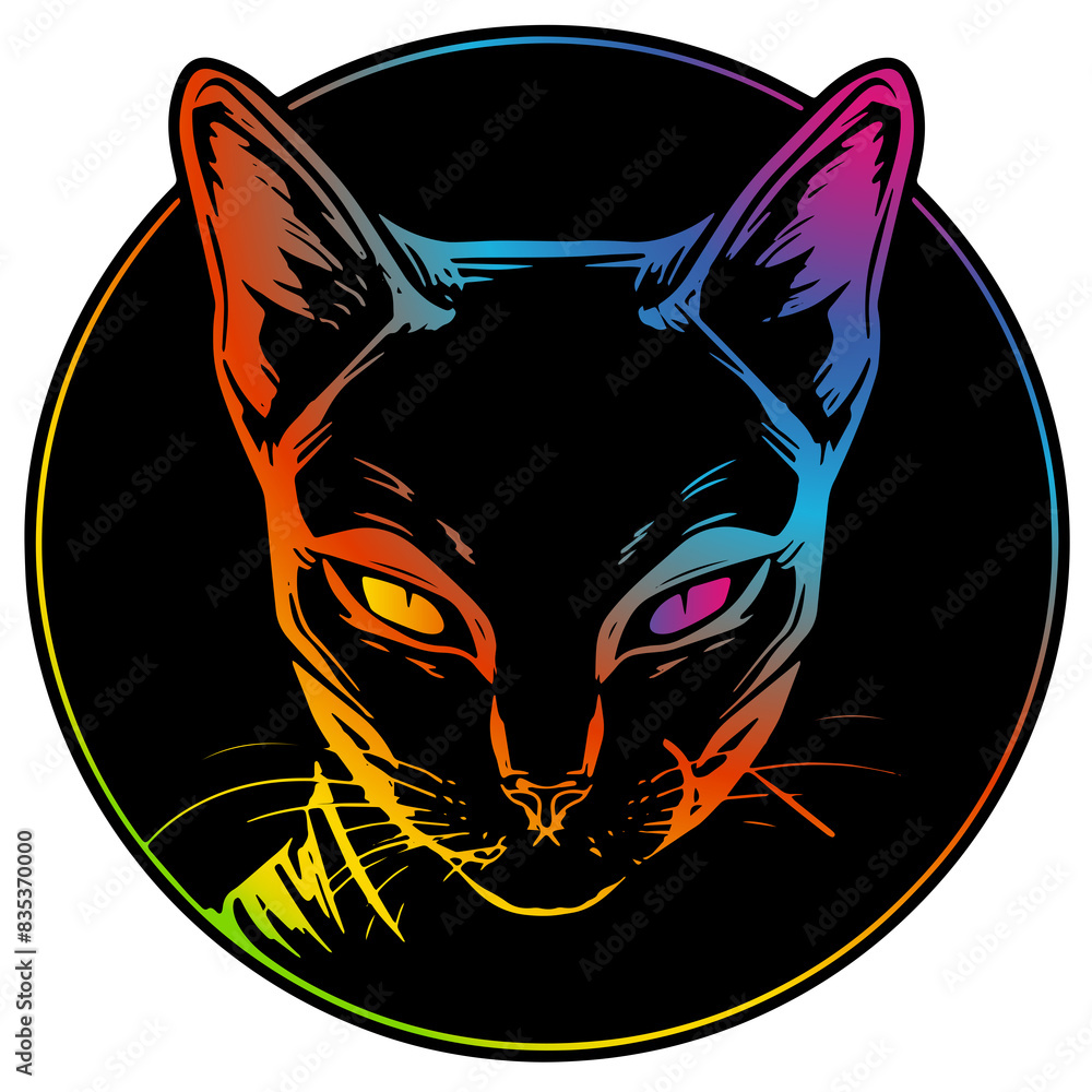 Neon black cat in circle. Round rainbow graphic lesbian LGBTQ symbol ...