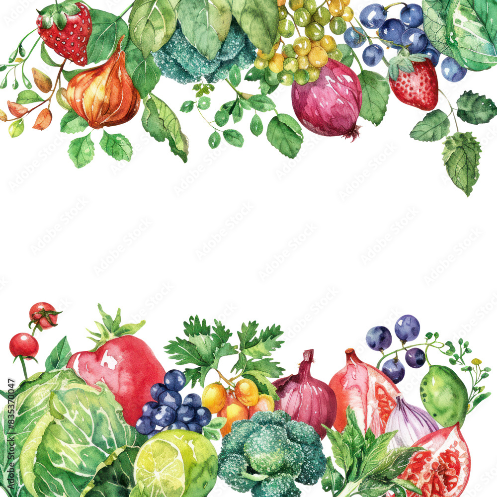 Colorful watercolor fruits and vegetables border frame, perfect for ...