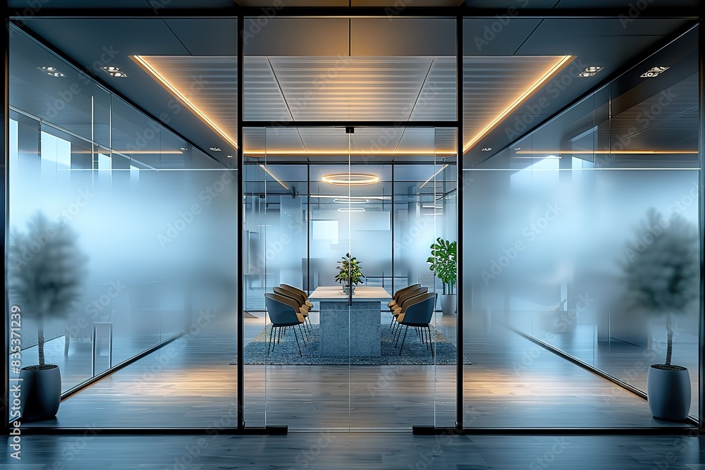 Modern interior design of an office, frosted glass door with vertical ...