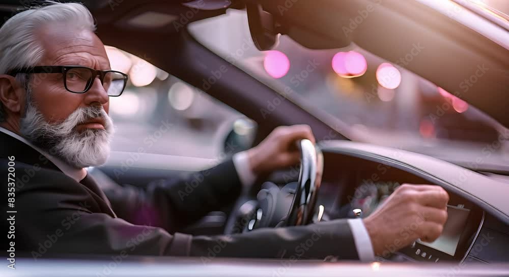 Elderly Chauffeur in Black Suit and Glasses Behind the Wheel of a ...