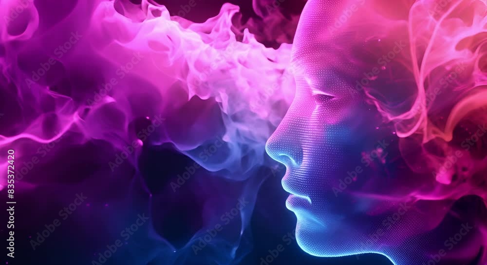 Vibrant and modern digital pixelated human face against glowing data ...