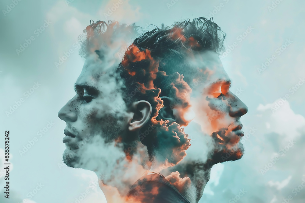 Double exposure creative image, two male faces merged with clouds ...