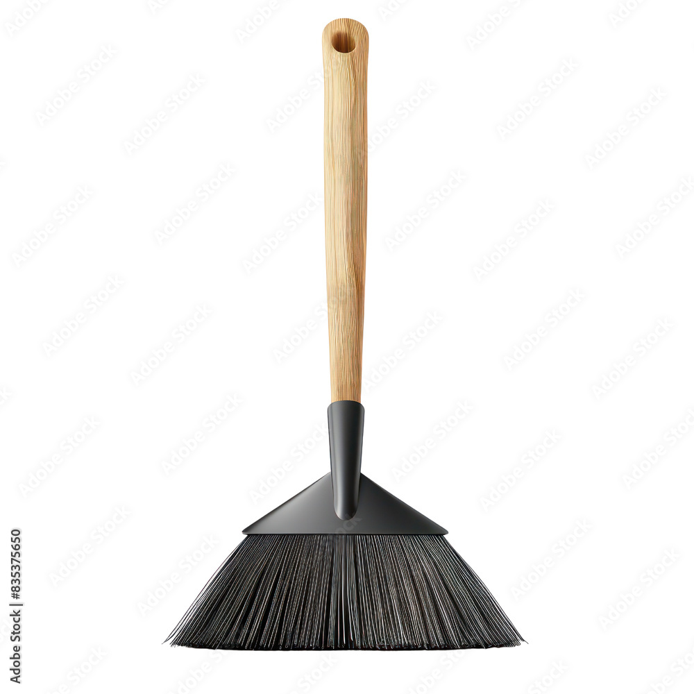 Handheld broom with wooden handle and black bristles isolated on white ...