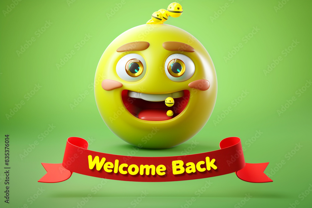 A bold lime green backdrop to a 3D luxury yellow emoji, its face full ...