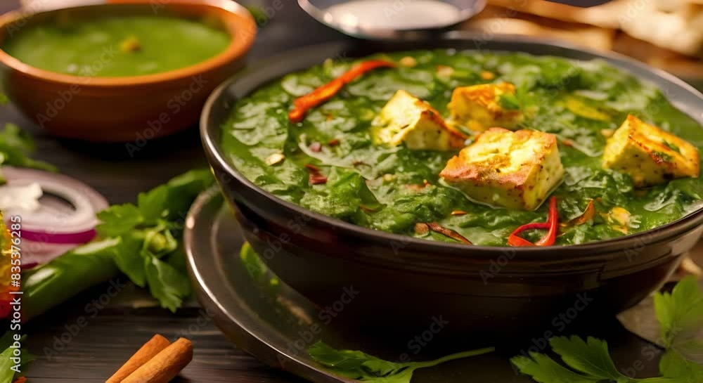 Description of traditional Indian dish Palak Paneer. Concept Palak ...