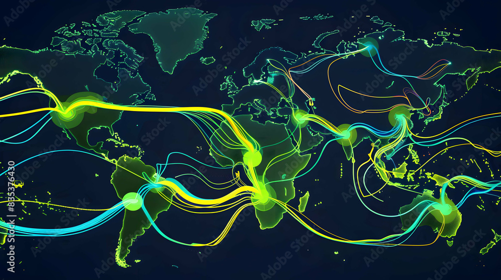 Undersea cable network map visualizing global internet traffic flows ...