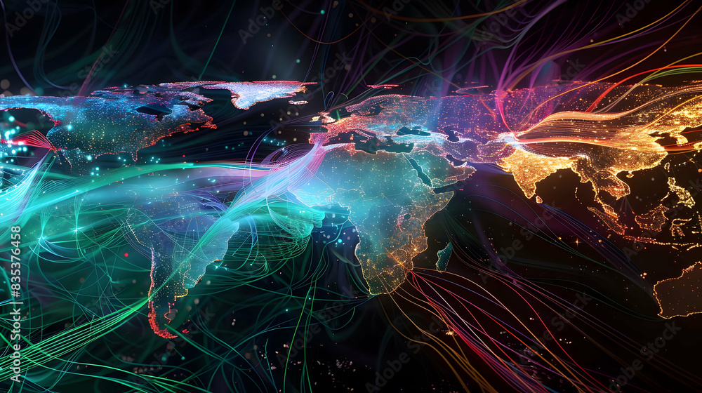 Undersea cable network map visualizing global internet traffic flows ...