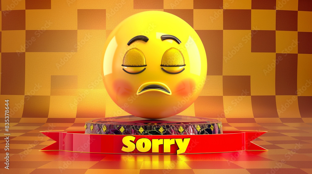 Create a 3D opulent yellow emoji with a regretful face. A red ribbon ...