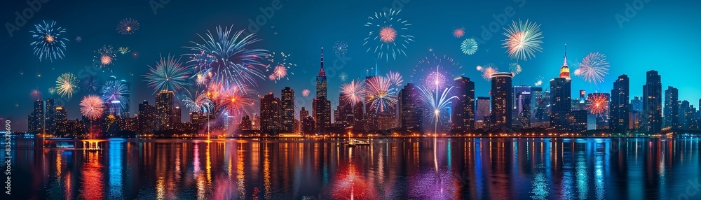 Fireworks bursting over a cityscape, reflecting on a river, Pop Art ...