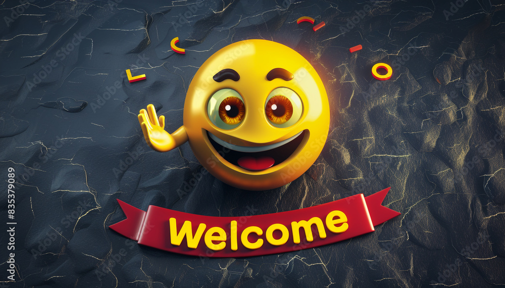Develop a 3D luxury yellow emoji with a friendly wave, featured on a ...
