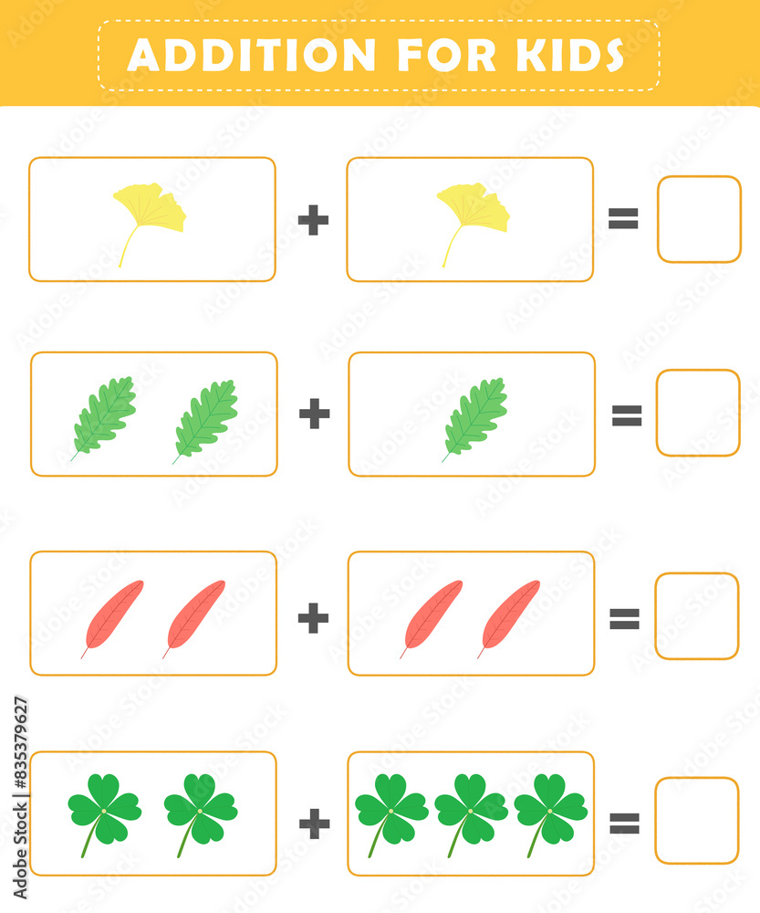 Preschool addition worksheet with cute leaf illustration. Math ...