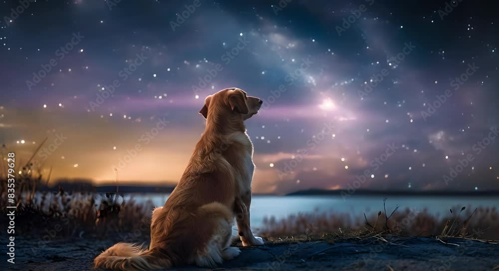Dog gazing at stars while sitting seen from behind in night. Concept ...