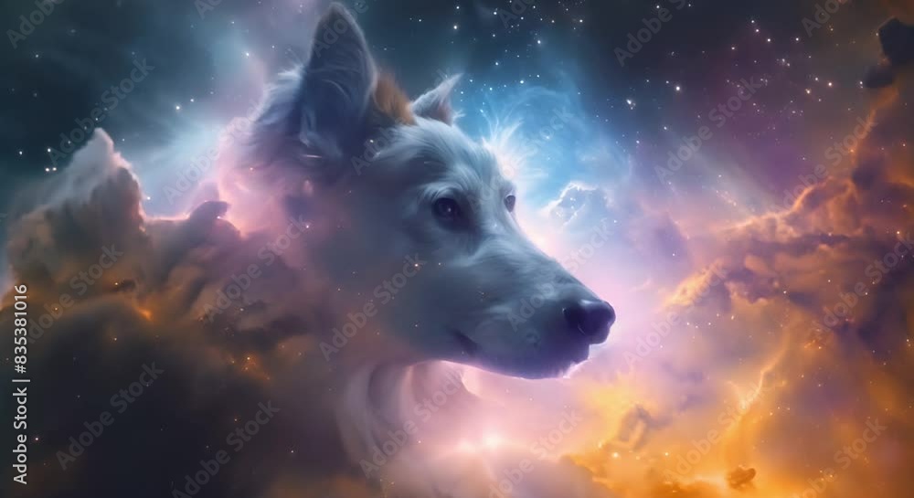 Galactic nebulae form a border collie shape in misty space background ...