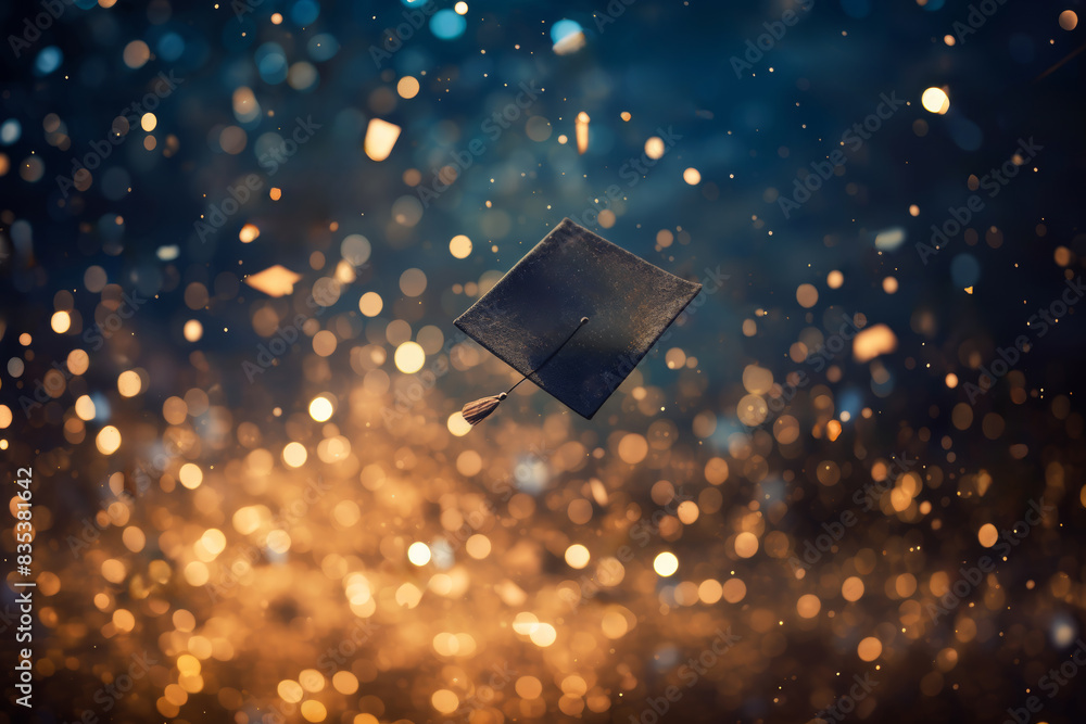 Graduation cap flying with confetti background, graduation day concept ...