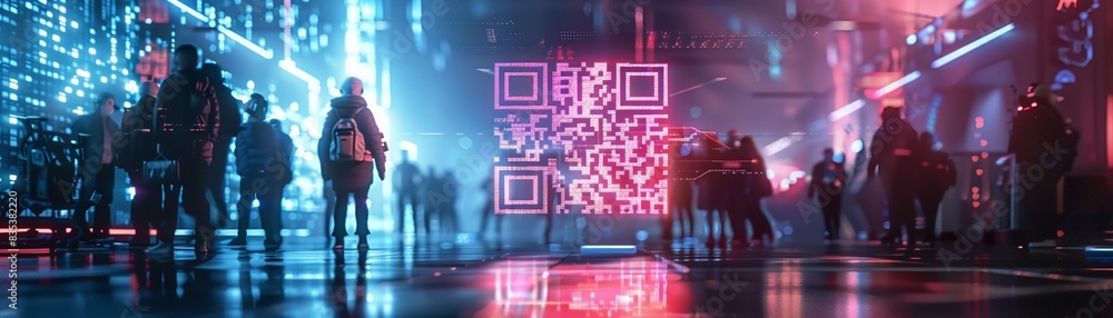 Holographic QR code floating in a futuristic lab, scientists in the ...