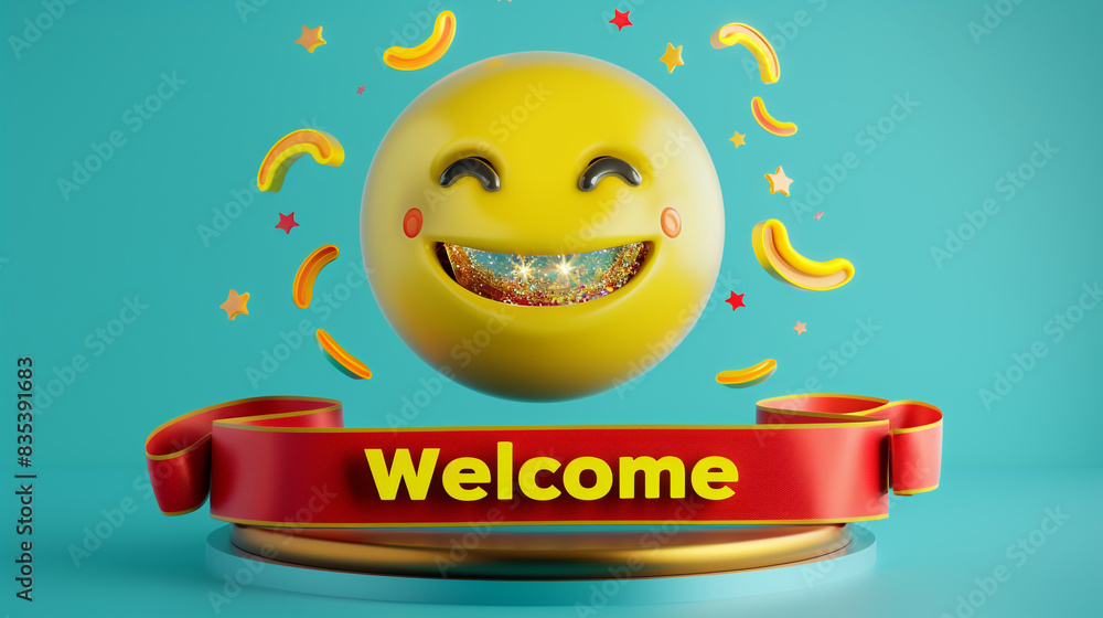 Formulate a 3D luxury yellow emoji with a sparkling smile, set on a ...