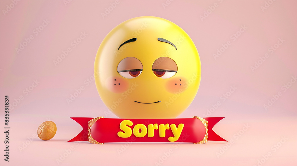 Design a 3D luxury yellow emoji with a penitent face. Below, a red ...