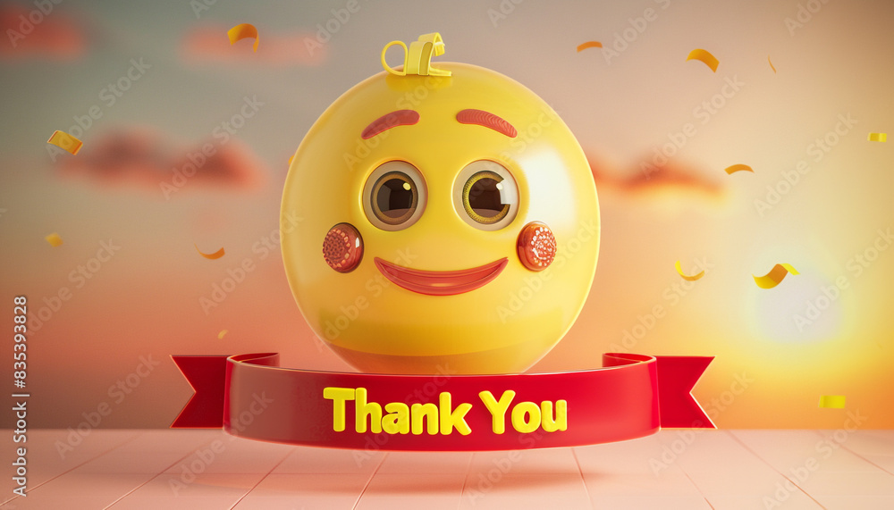 Draft an image featuring a 3D luxury yellow emoji with a red ribbon ...